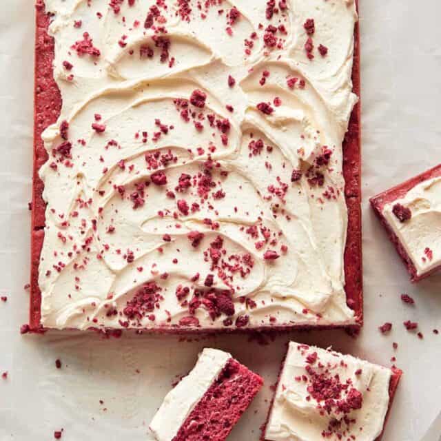 Raspberry Sheet Cake with White Chocolate Frosting - Spoon Fork Bacon